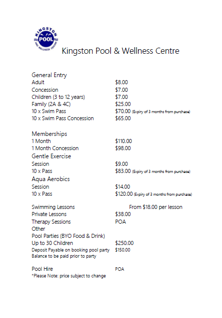 Events Timetable – Kingston Pool and Wellness Centre